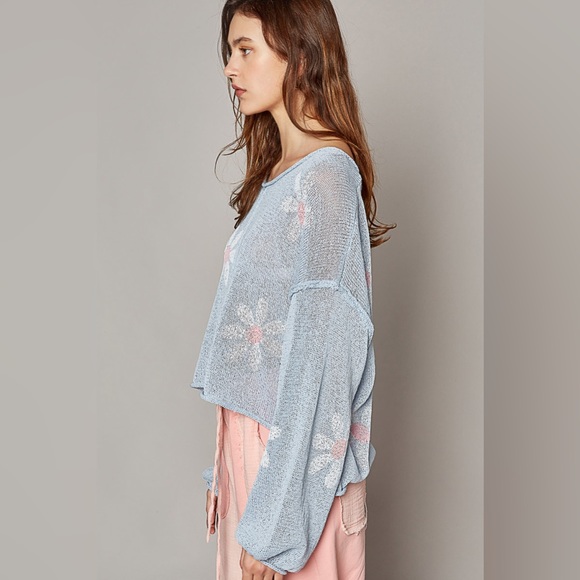 POL | Sweaters | Pol Sky Blue Lightweight Floral Print Sweater Top ...